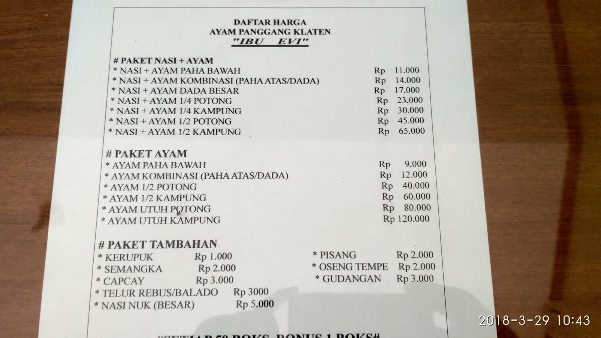 Menu at Ayam Panggang Klaten Ibu Evi ...