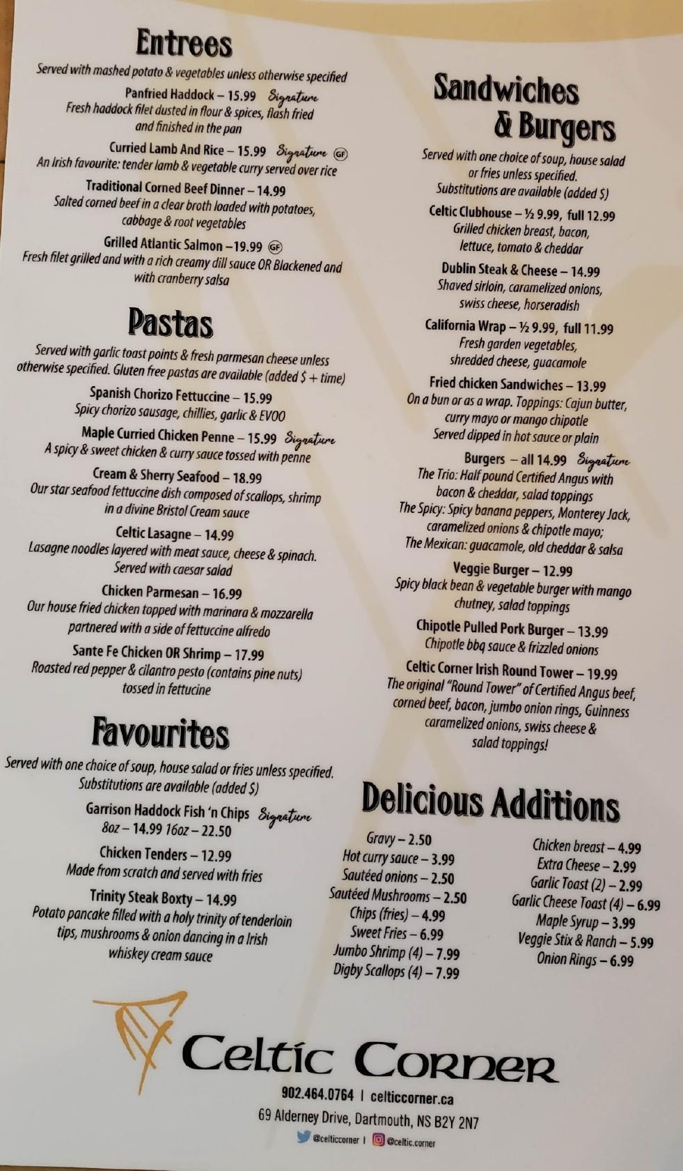 Menu at Celtic Corner Public House, Dartmouth