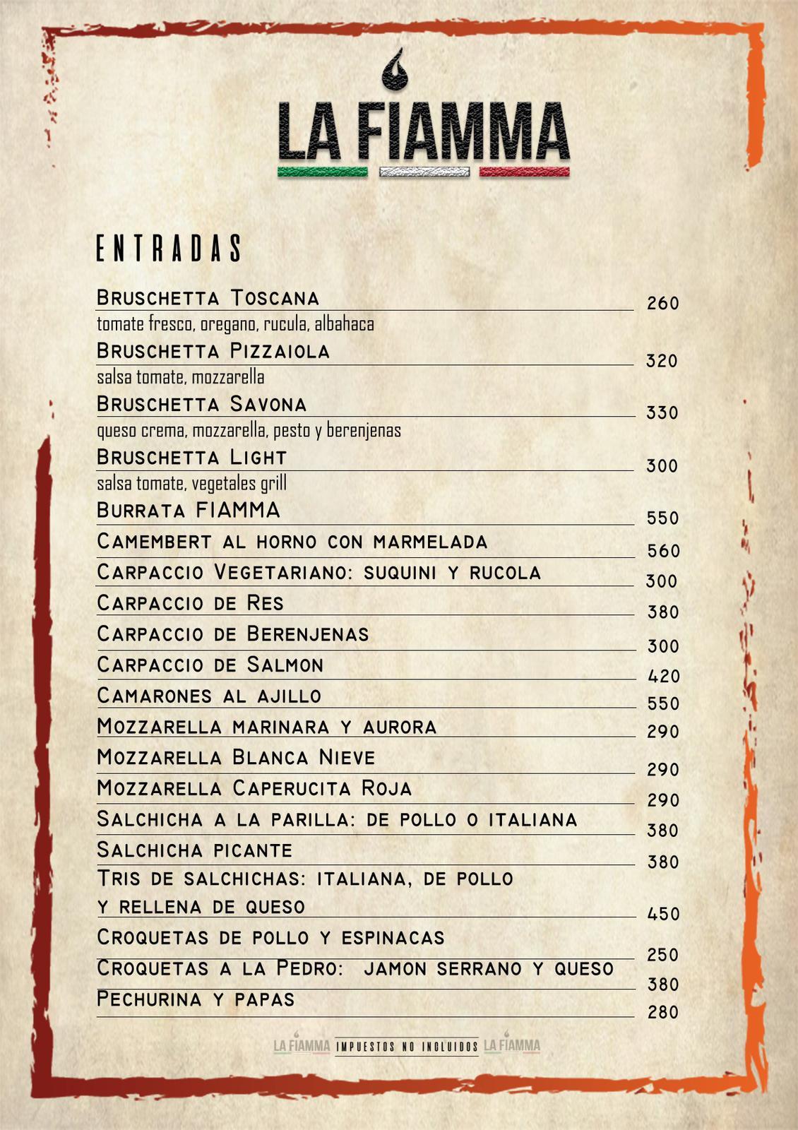 Menu at La Fiamma restaurant, Santiago De Los Caballeros