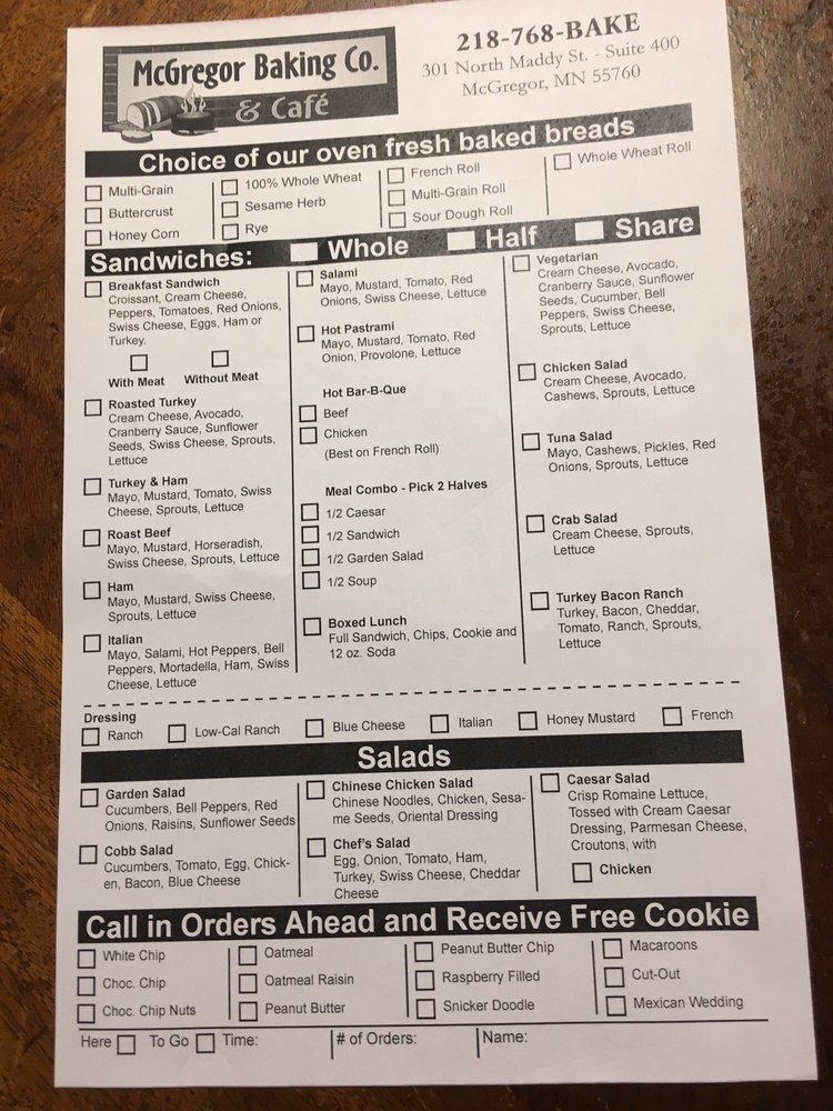 Menu at McGregor Baking Co & Cafe, McGregor