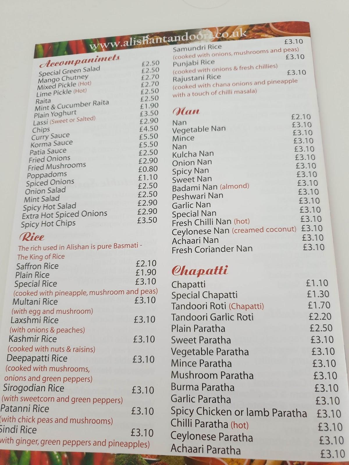Menu at Alishan Tandoori fast food, Glasgow