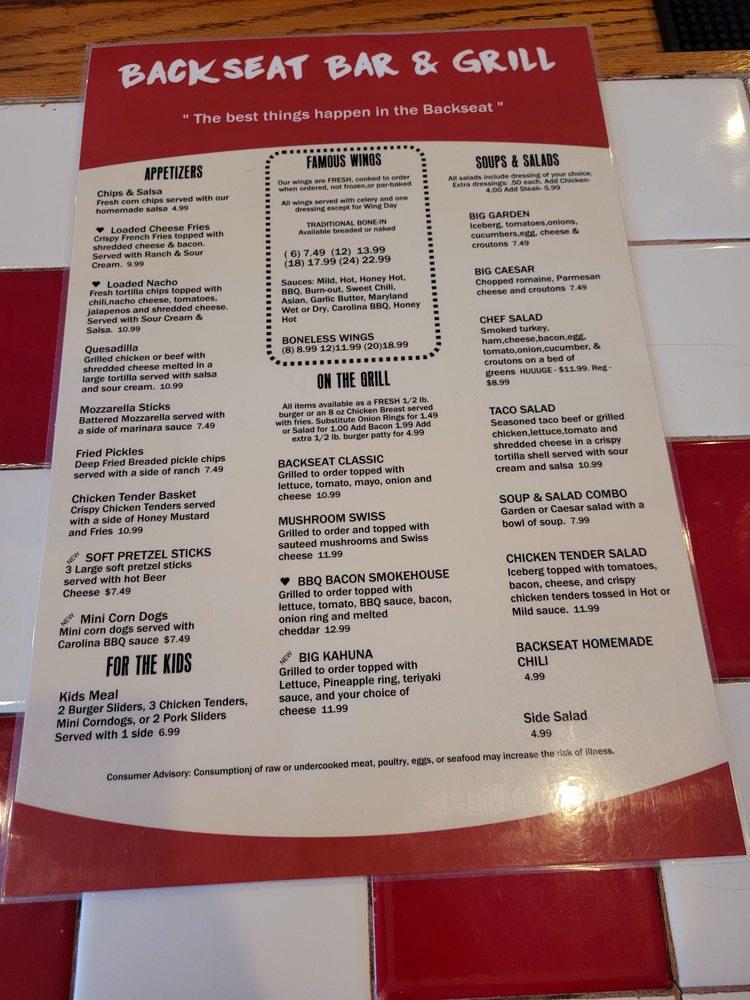 Menu at Backseat Bar and Grill, Winchester, 104 Full House Dr