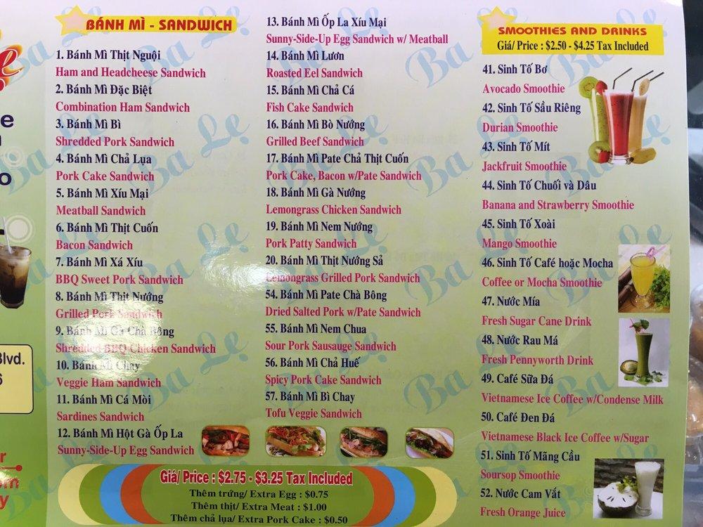 Menu at Banh Mi Ba Le restaurant, Oakland