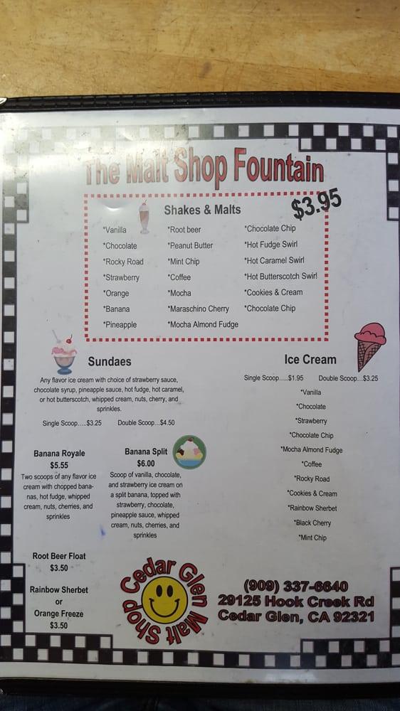 Menu at Cedar Glen Malt Shop restaurant, Lake Arrowhead