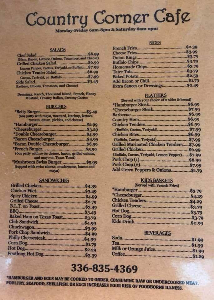 Menu at Country Corner Cafe, Ronda, Elkin Hwy