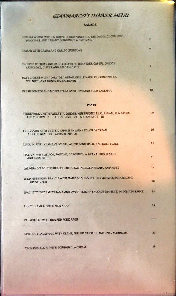 Menu at Gianmarco's Restaurant, Birmingham