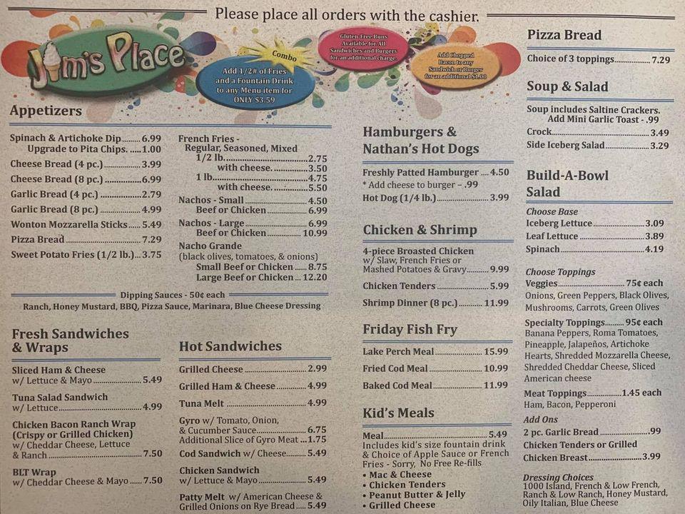 Menu at Jim's Place restaurant, Slinger