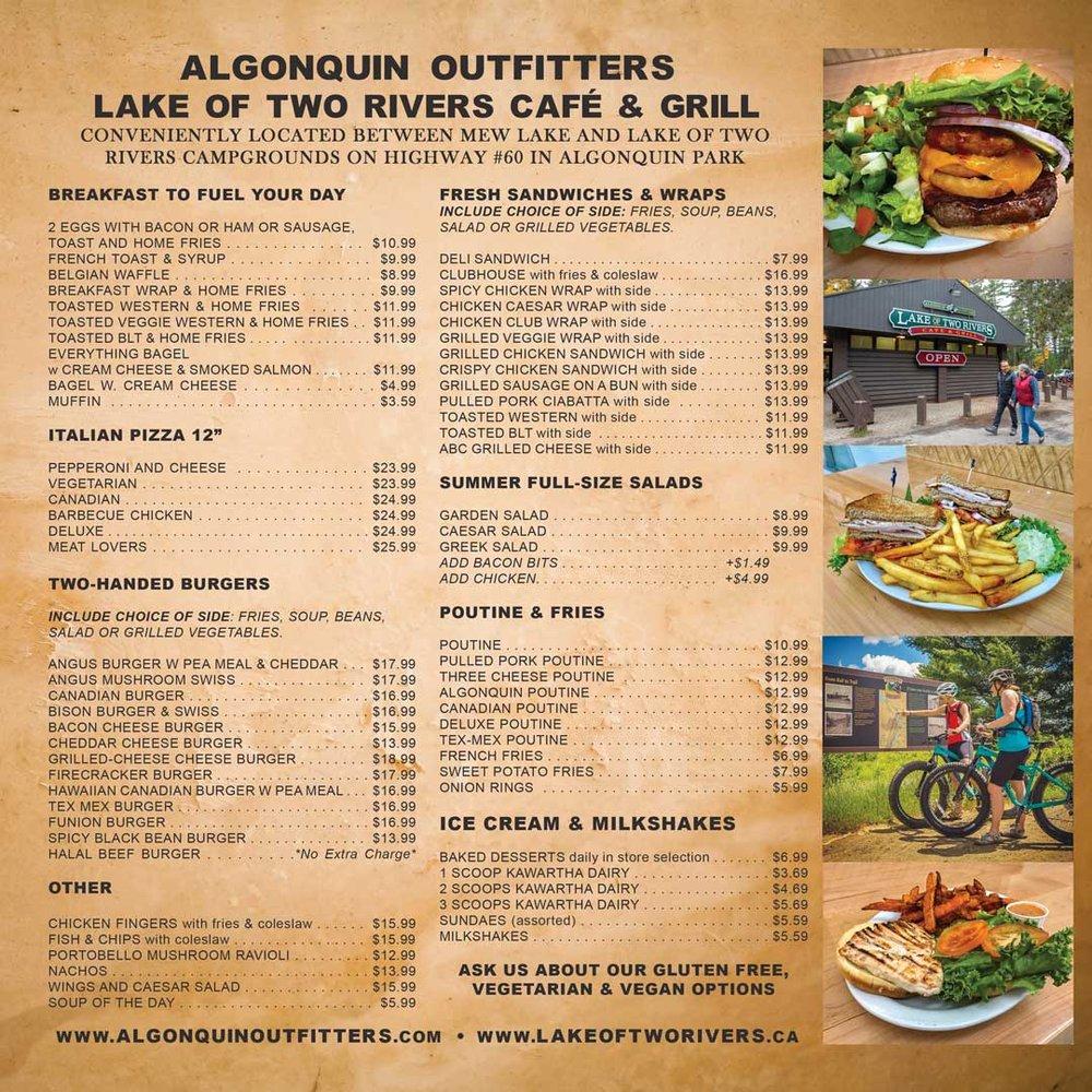 Menu at Lake of Two Rivers Cafe and Grill, Canada