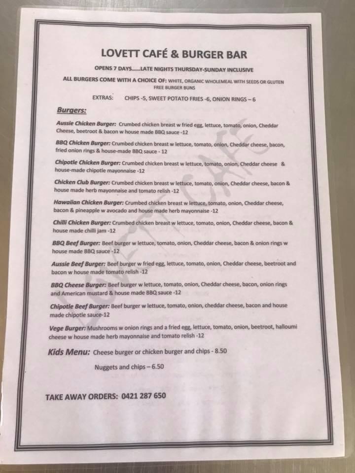 Menu at Lovett Cafe, Cygnet