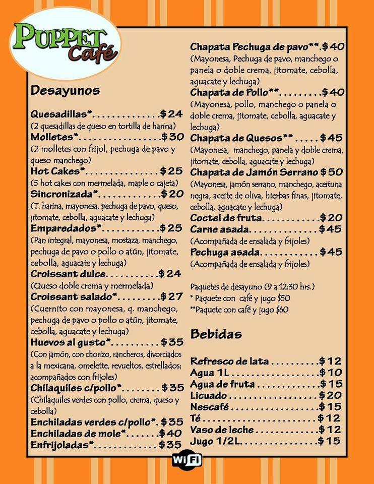 Menu at Puppet cafe, Mexico City