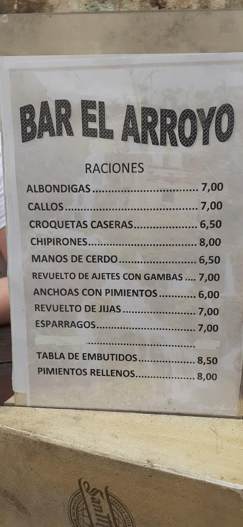 Carta de Restaurante El Arroyo, Orbaneja del Castillo