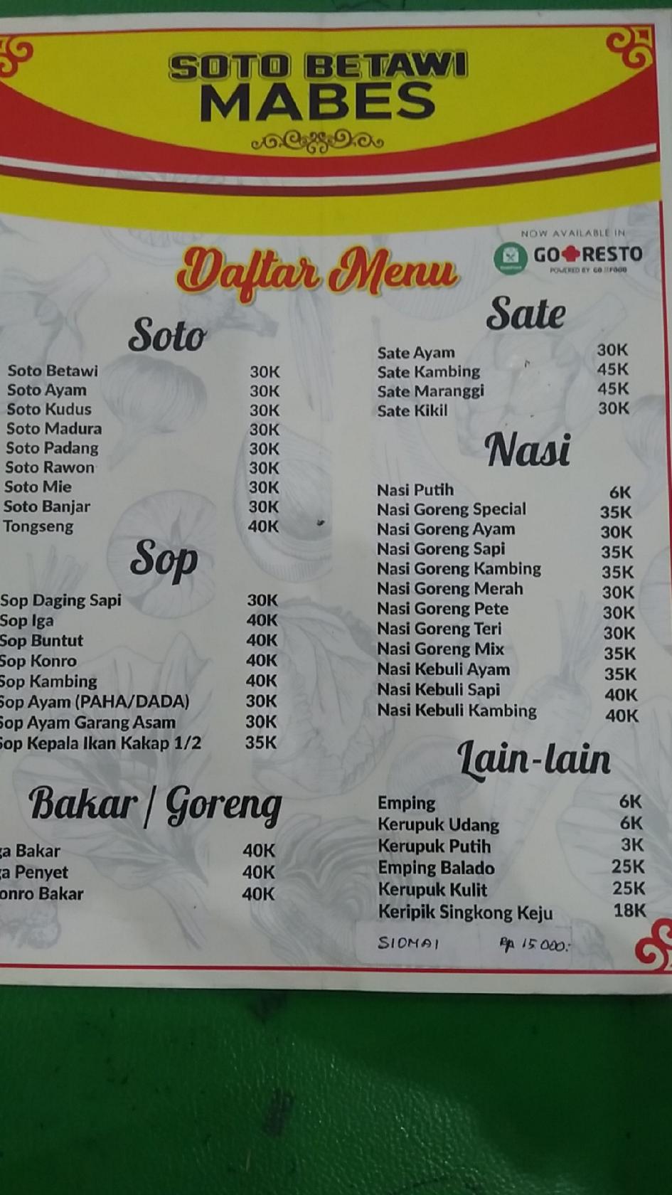 Menu at SOTO BETAWI MABES restaurant, West Jakarta