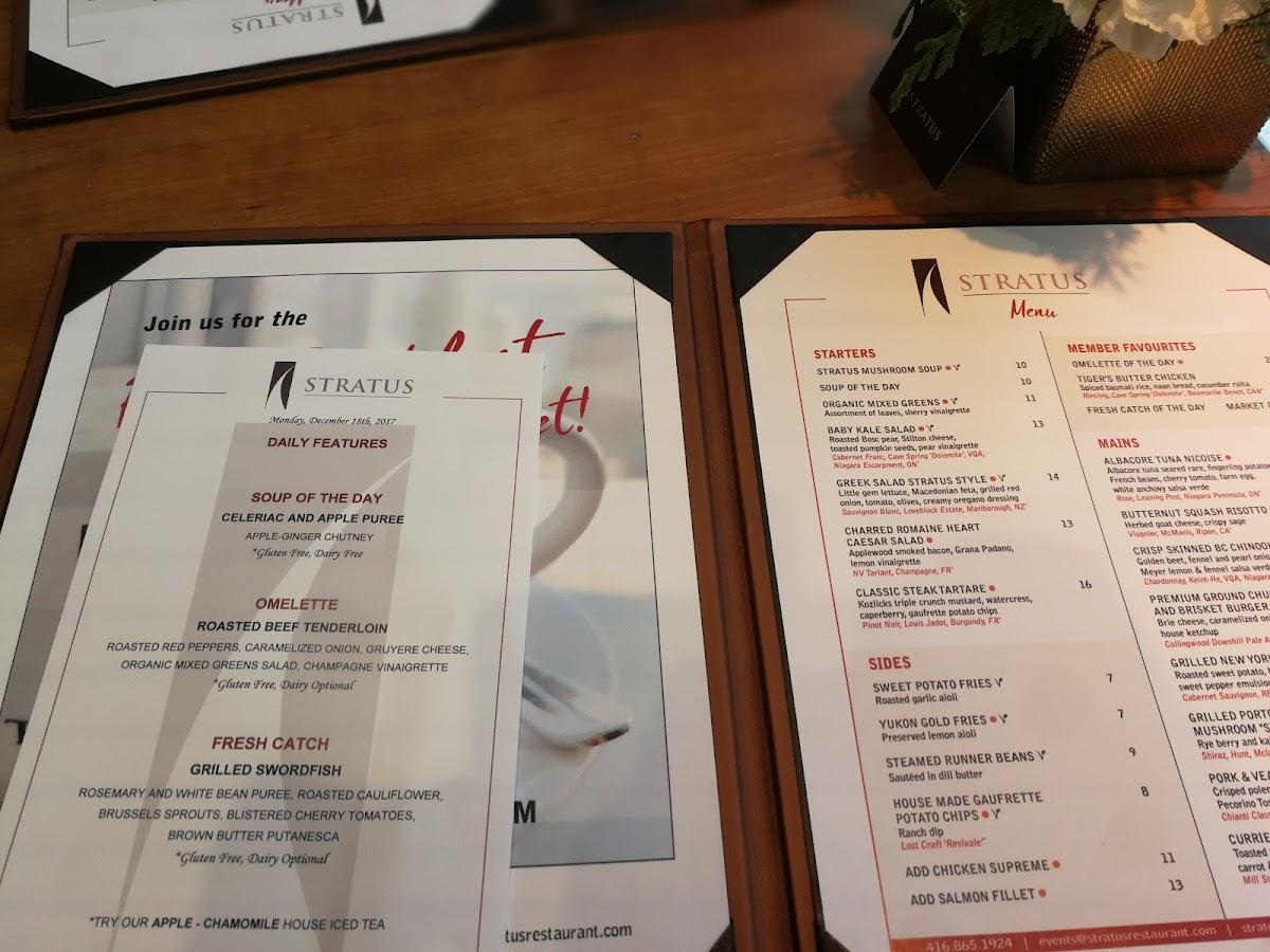 Menu at Stratus restaurant, Toronto