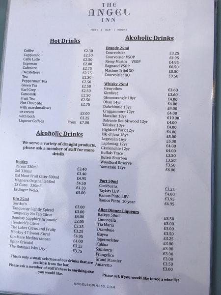 Menu at The Angel Inn pub & bar, Bowness-on-Windermere
