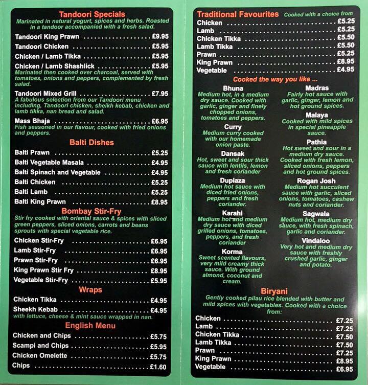 Menu at Chillis Takeaway fast food, Evesham
