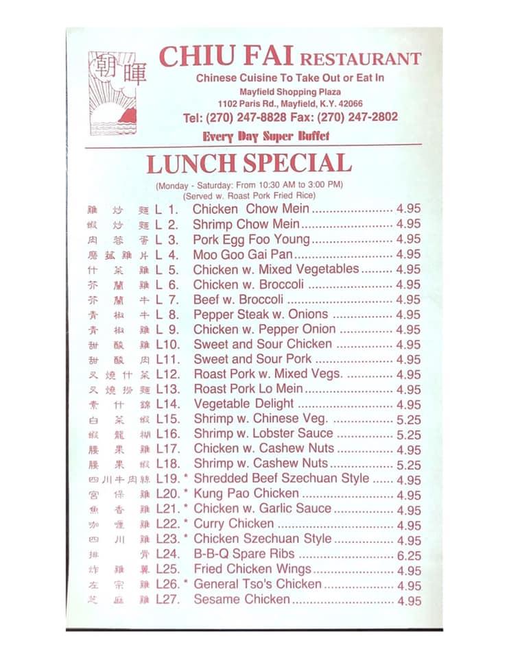 Menu at Chiu Fai restaurant, Mayfield