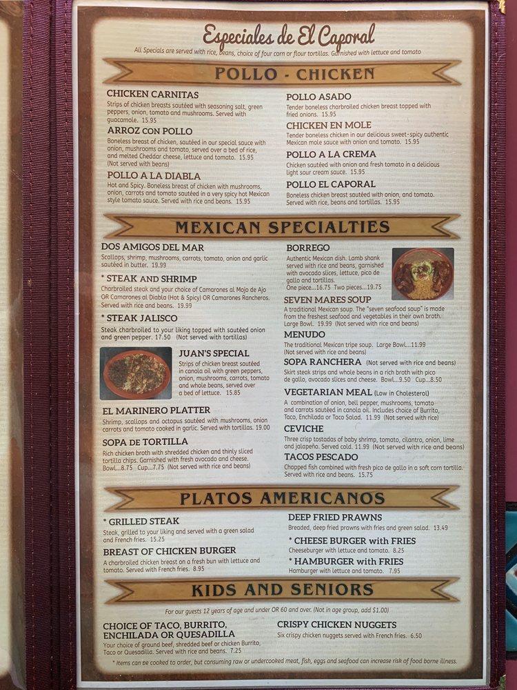 Menu at El Caporal restaurant, Prosser