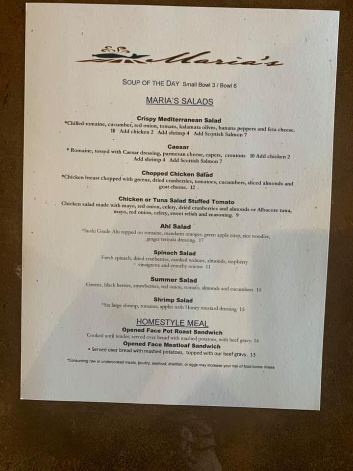 Menu at Maria's The Gathering Place restaurant, Green Valley