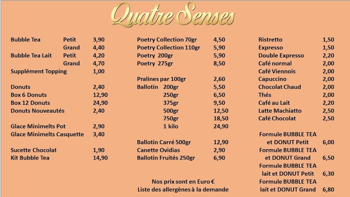 Menu at Quatre Senses Donuts Bubble Tea Chocolat Ovidias Glaces ...