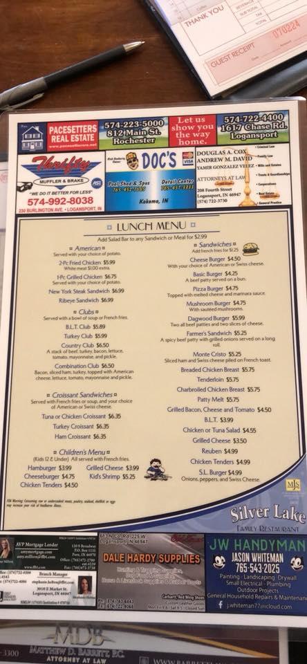 Menu at Silver Lake restaurant, Logansport