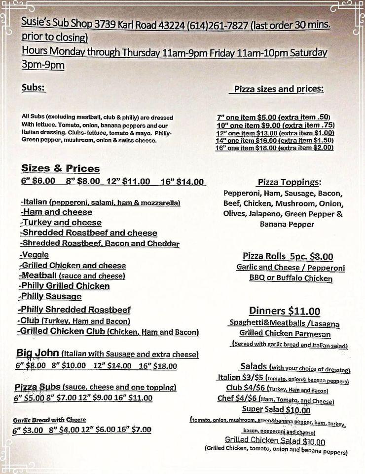 Menu at Susie's Sub Shop pizzeria, Columbus, Karl Rd