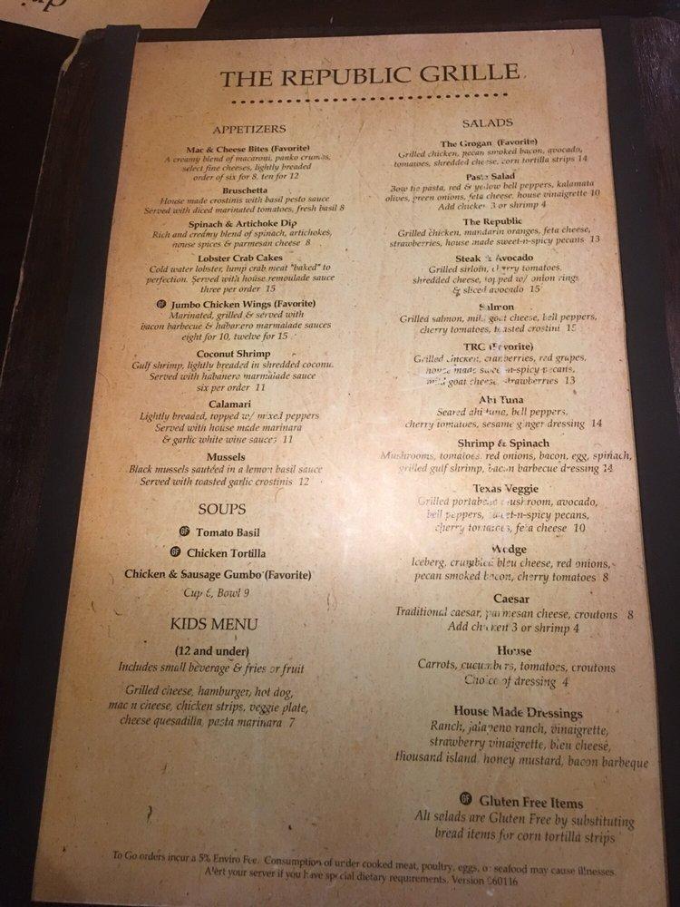 Menu at The Republic Grille - The Woodlands, The Woodlands, W Panther ...