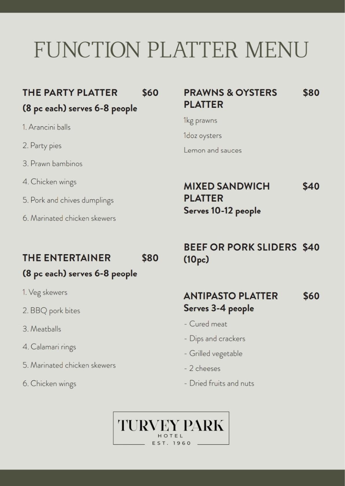 Menu at Turvey Park Hotel pub & bar, Mount Austin, 71 Bolger Ave