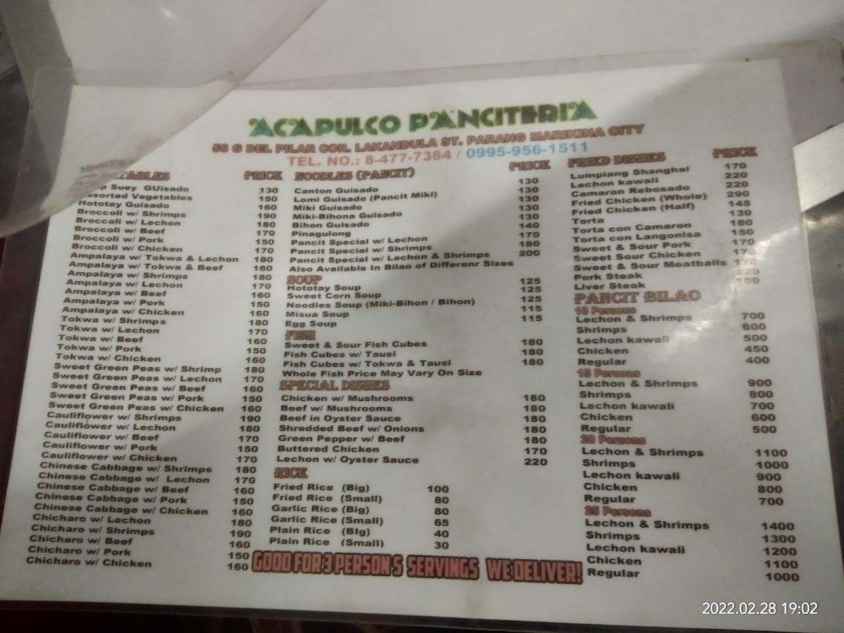 Menu at Acapulco Panciteria restaurant, Marikina, M467+76G