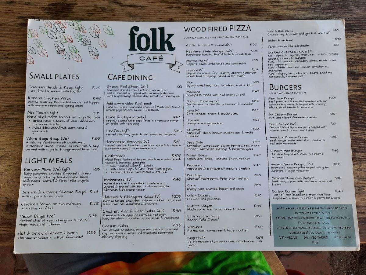 Menu at Folk Cafe St. James, Cape Town, 54 Main Rd