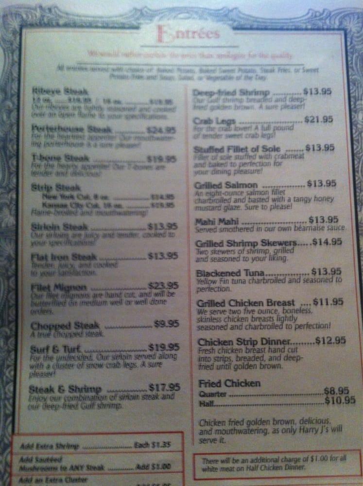 Menu at Harry J's Steakhouse, Moscow Mills