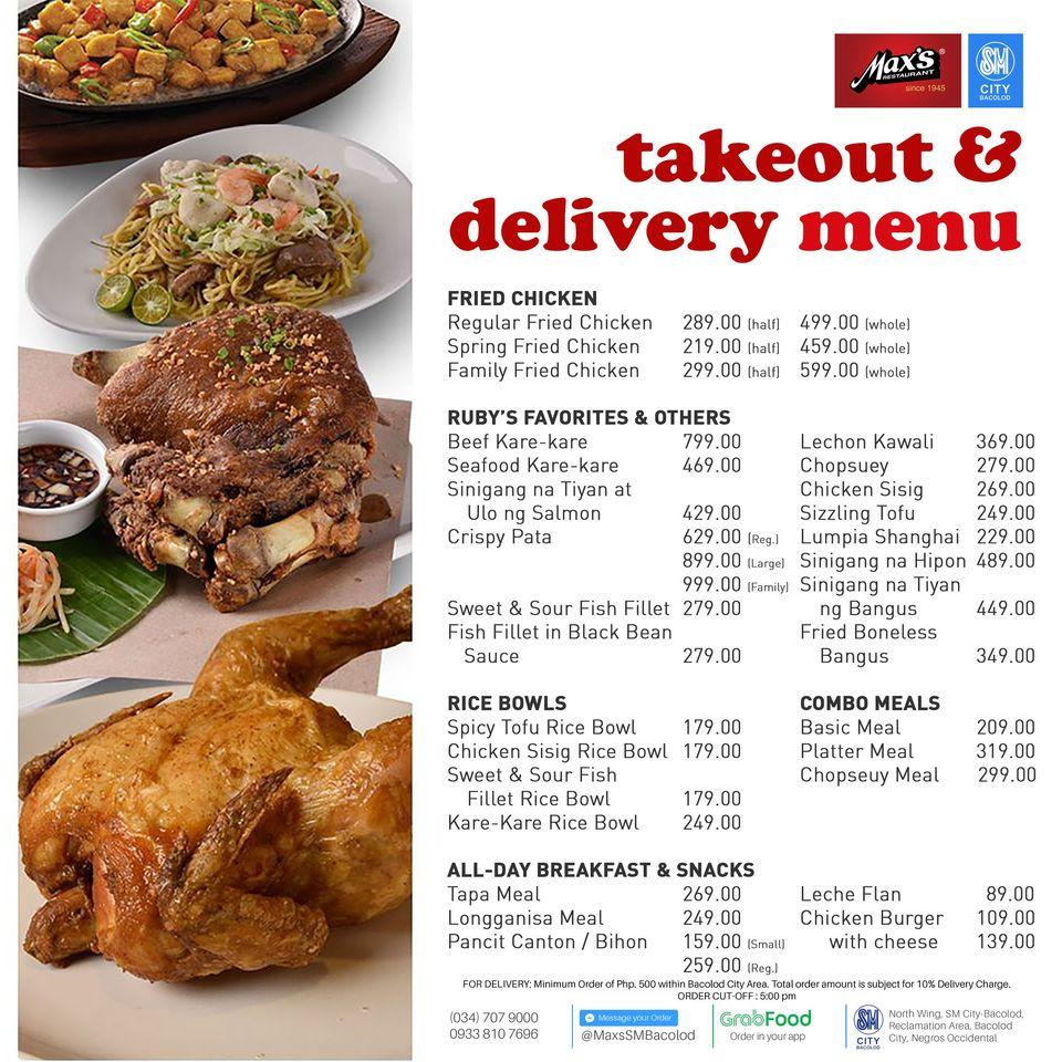 Menu at Max’s Restaurant, Bacolod, North Wing Reclamation Area SM Bacolod