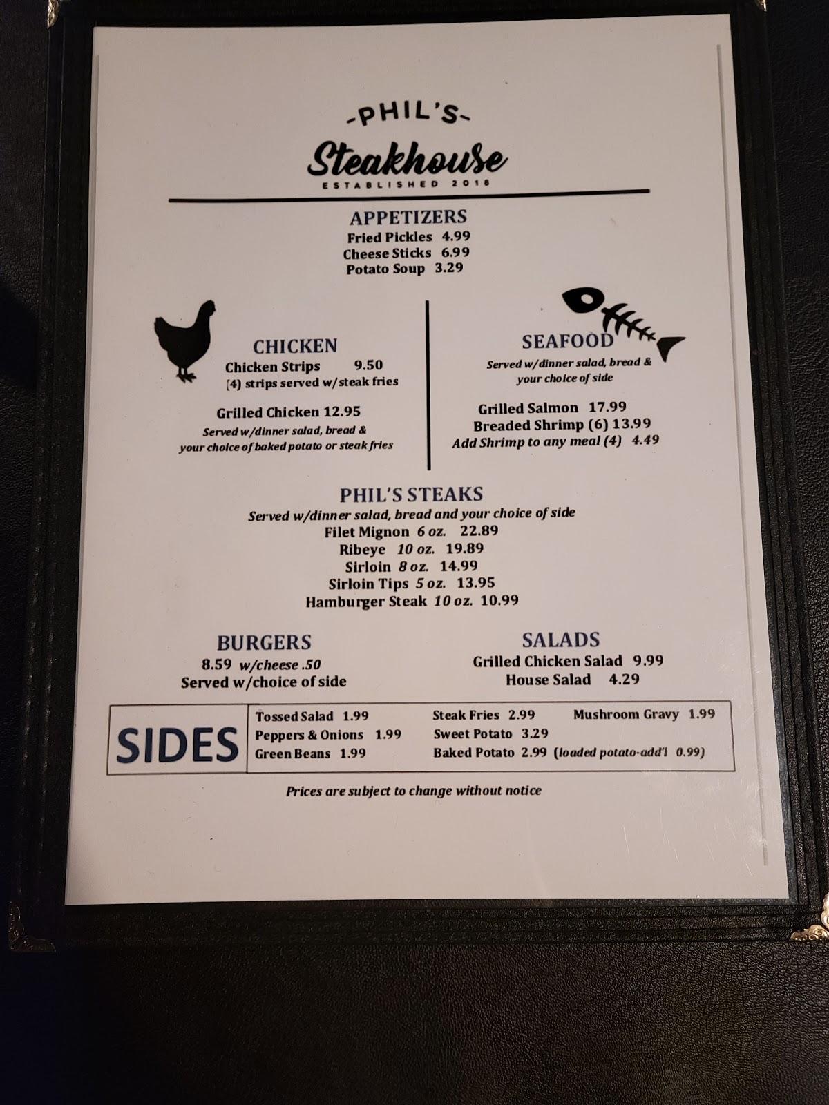Menu at Phil's Steakhouse, Pacolet