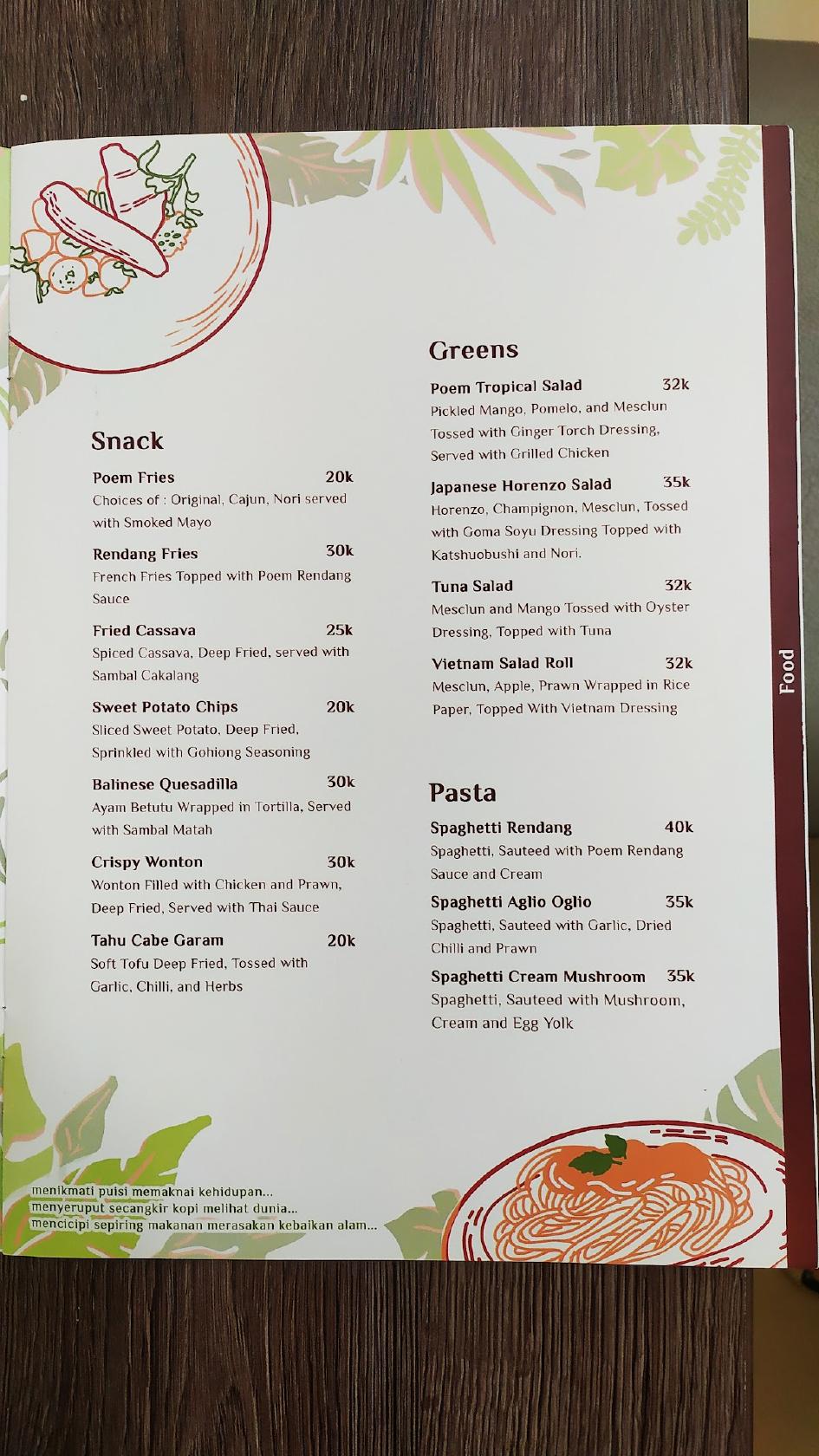 Carta de Poem Cafe and Resto Sumarecon Bandung, Bandung