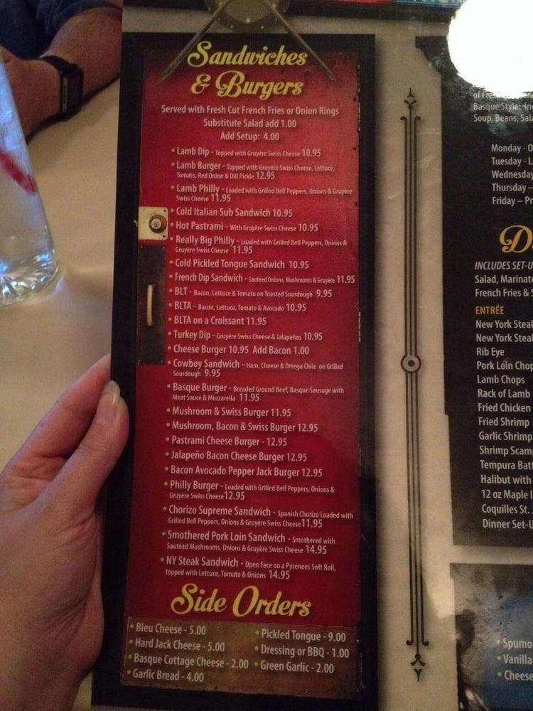 Menu at Pyrenees Cafe, Bakersfield
