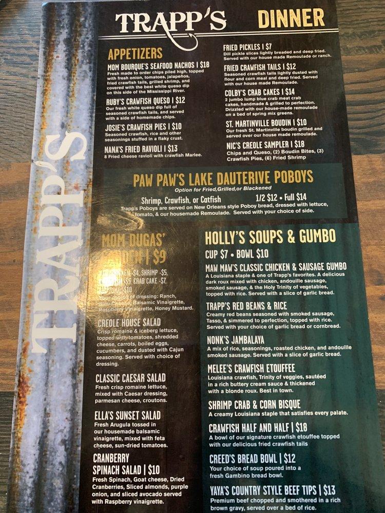 Menu at Trapp's restaurant, West Monroe