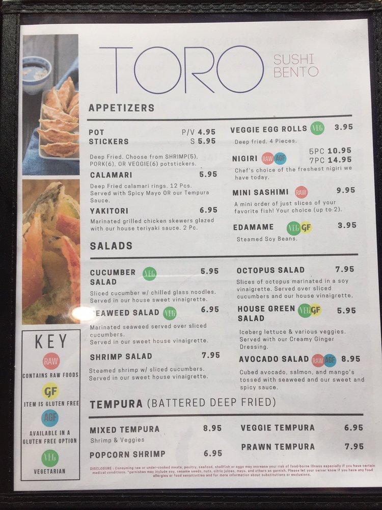 Menu at Bento Toro Sushi restaurant, Battle Ground