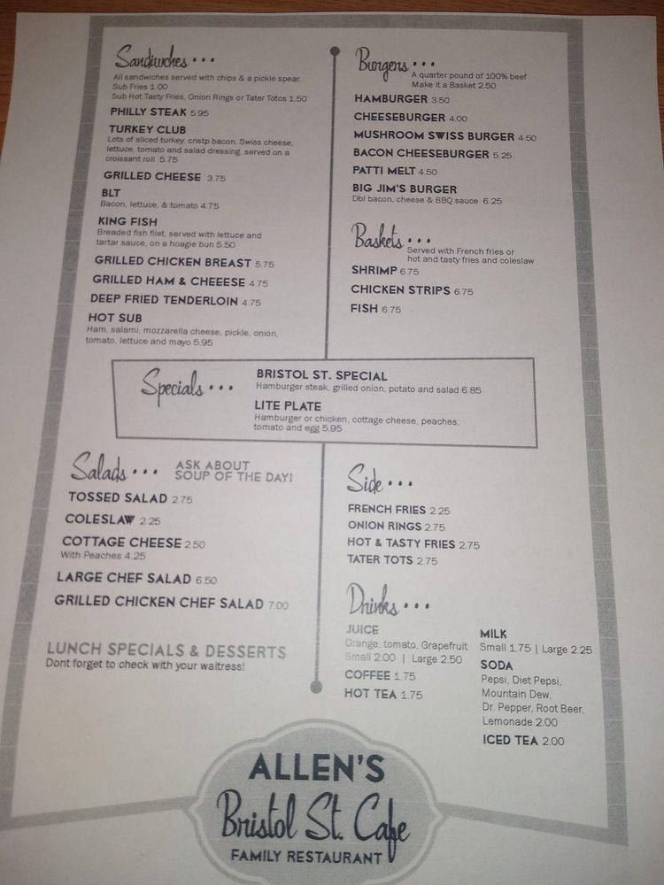Menu at Bristol Street Cafe, Elkhart