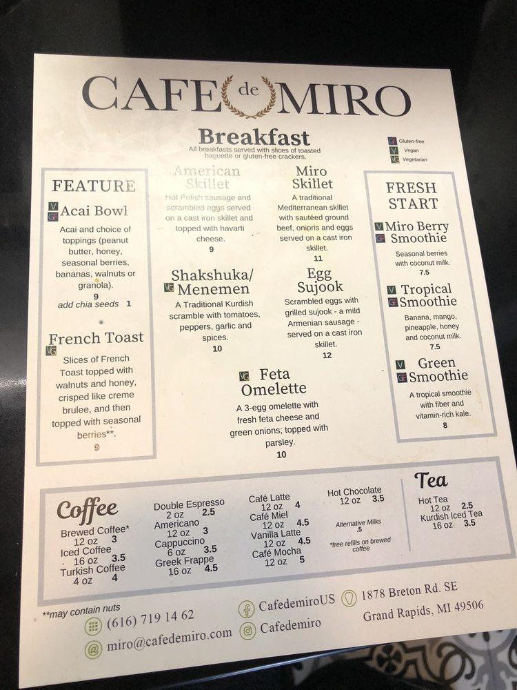 Menu at Cafe de Miro, Grand Rapids, Breton Rd SE