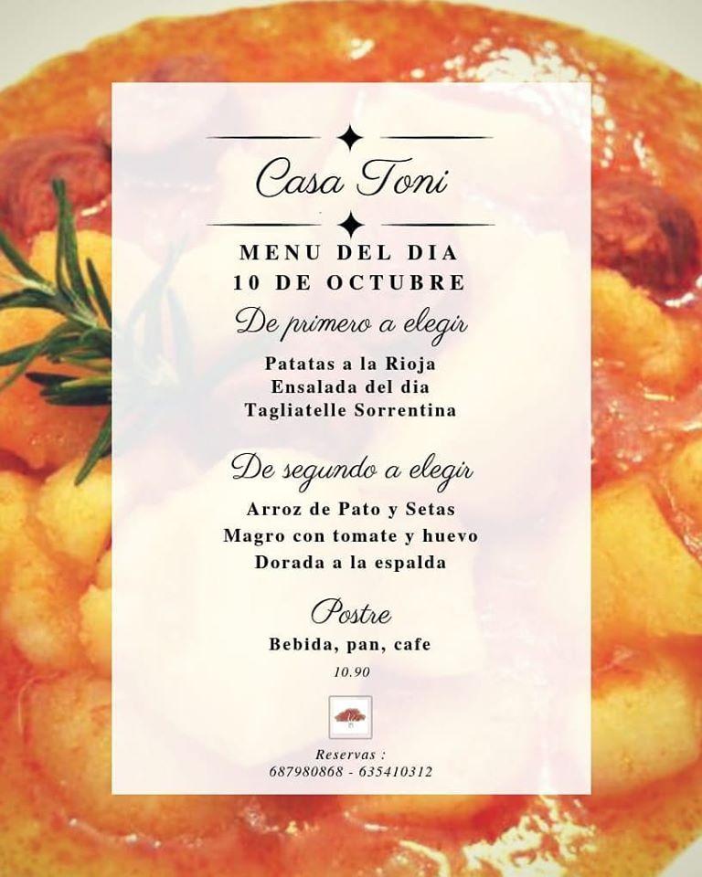 Carta del restaurante Casa Toni, Paterna, Conde Montornes