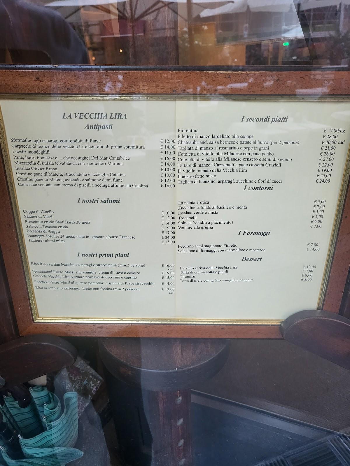Menu at La Vecchia Lira restaurant, Milan, Largo la Foppa