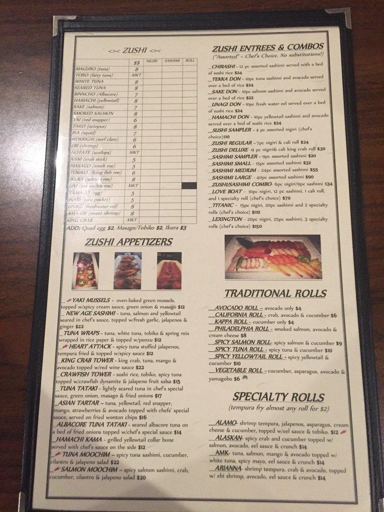 Menu at Yoshi Japanese Cuisine restaurant, Corpus Christi