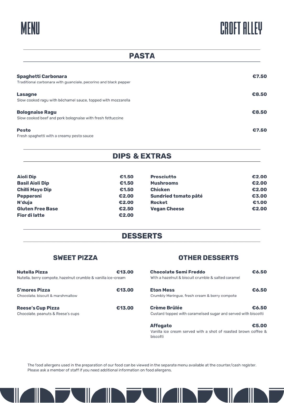 Menu at Croft Alley restaurant, Portlaoise