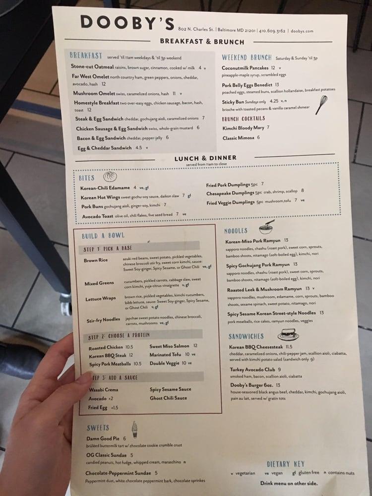 Menu at Dooby's cafe, Baltimore