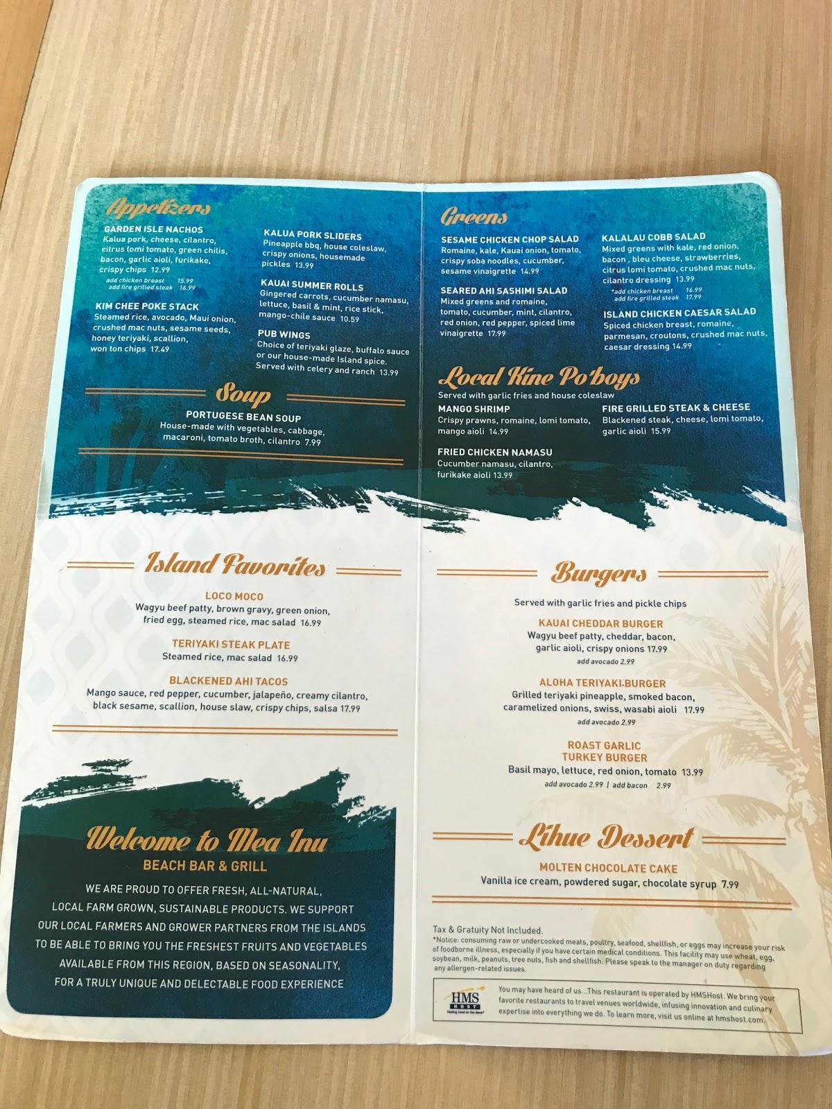 Menu at HMS Host restaurant, Lihue