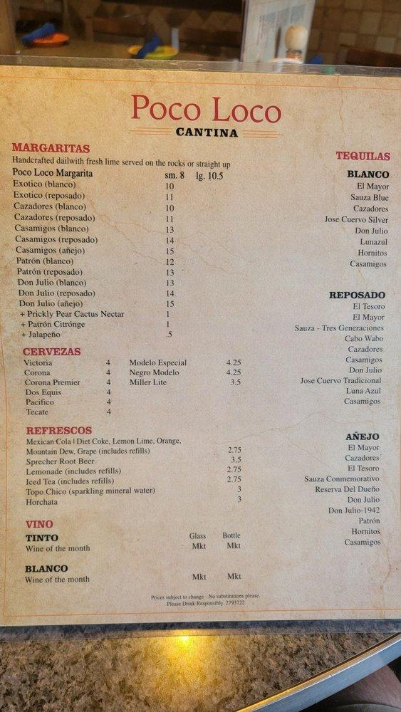 Menu at Poco Loco restaurant, Brown Deer