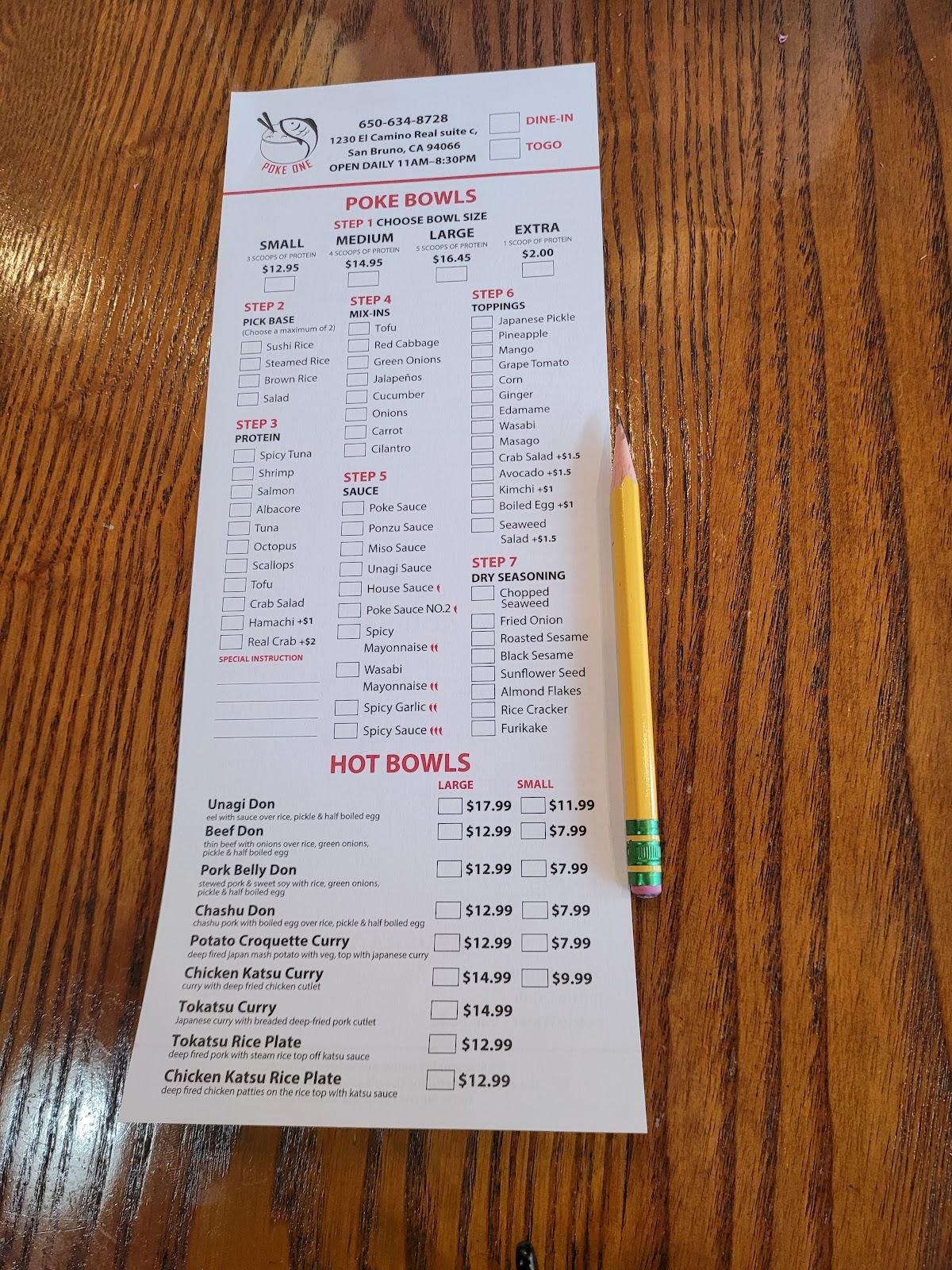 Menu at Poke One restaurant, San Bruno