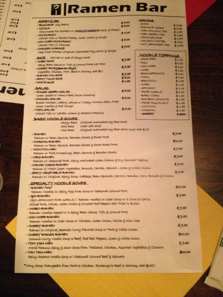 Menu at Ramen Bar, Pittsburgh