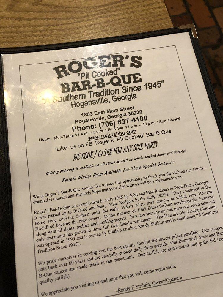 Menu at Roger's Bar-B-Que, Hogansville
