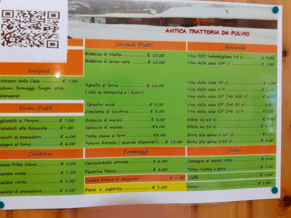 Menu da Ristorante Bar Alimentari Da Fulvio Di Bruno F., Camigliatello ...