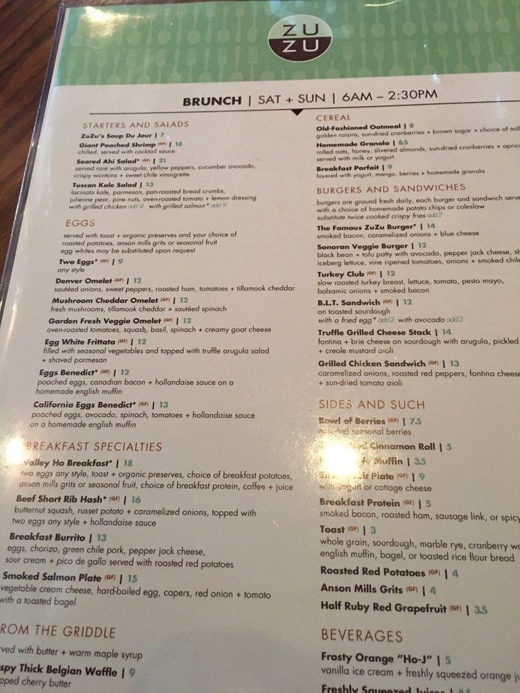 Menu at ZuZu pub & bar, Scottsdale, E Main St